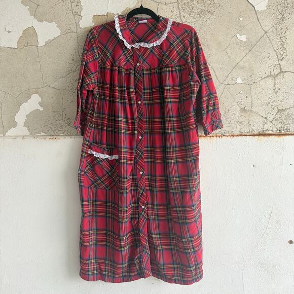 Carole | Intimates & Sleepwear | Vtg Red Plaid Flannel Housecoat Lace ...
